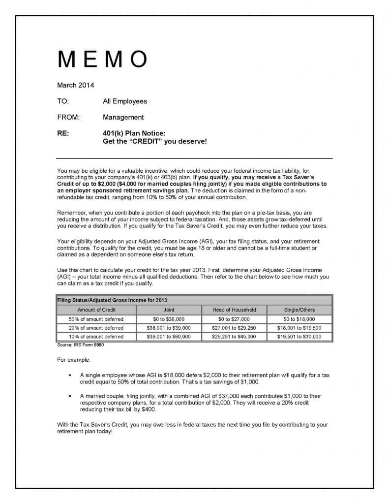 Tax Saver's Credit Reminder Memo - Everhart Advisors